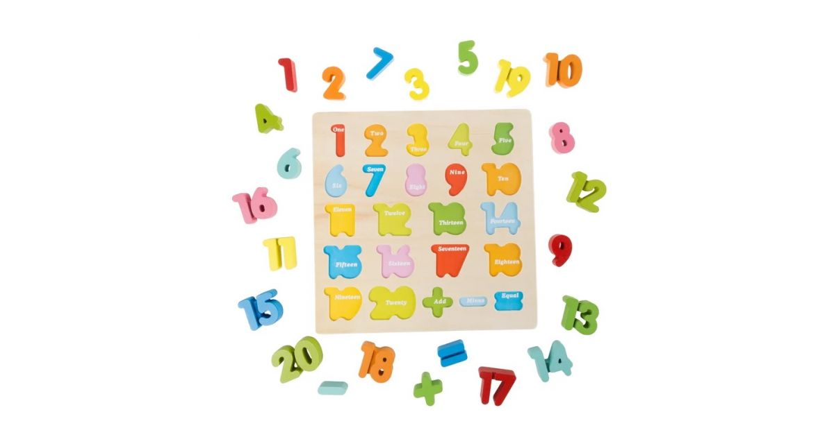 Wooden Number Puzzle Board with Colorful Pieces and Math Signs | Kilakitu